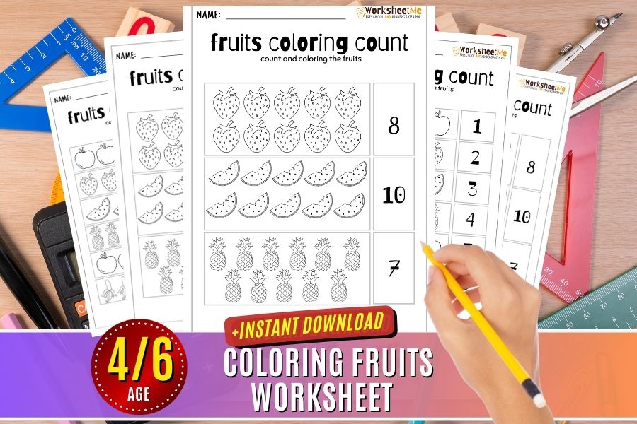 Worksheets Fruits Coloring Counting number 1 to 10 Free Pdf - WorksheetMe