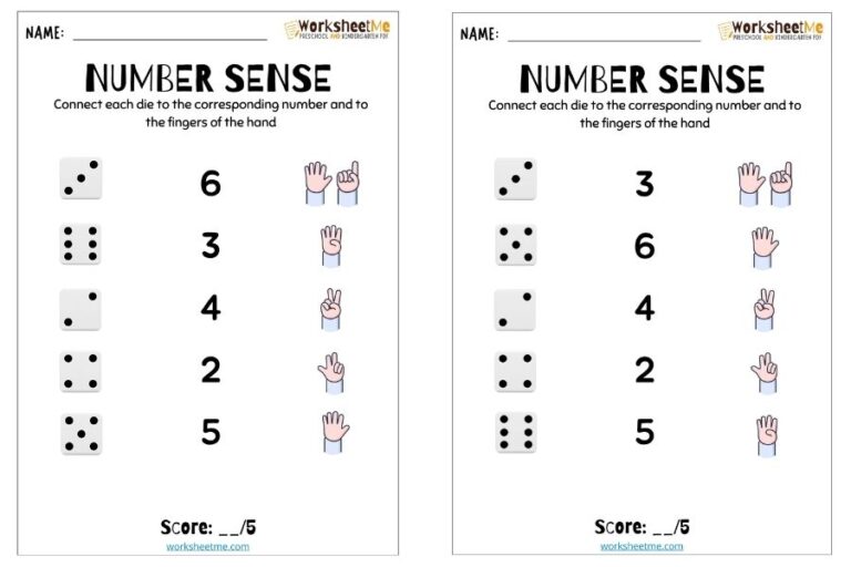 Matching Number Worksheet with dice and finger for Preschool (Ages 3-5)