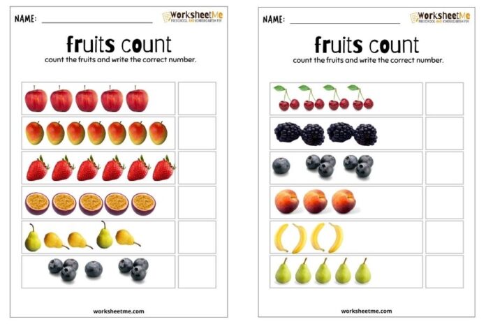 Number counting Fruits Worksheet 1-10 for Kindergarten