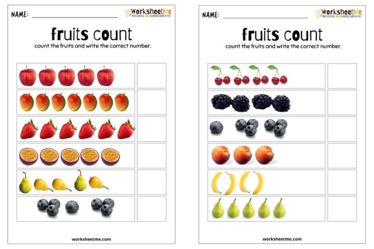 Number counting Fruits Worksheet 1-10 for Kindergarten