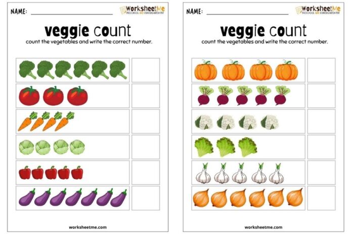 Number vegetable counting Worksheets 1-10 for Kindergarten - WorksheetMe