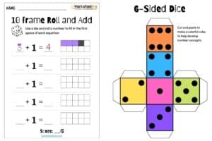 Addition Roll Dice Ten Frame Worksheet for Preschool and Kindergarten Kids