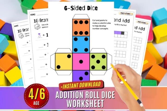 Addition Roll Dice Ten Frame Worksheet for Preschool and Kindergarten Kids