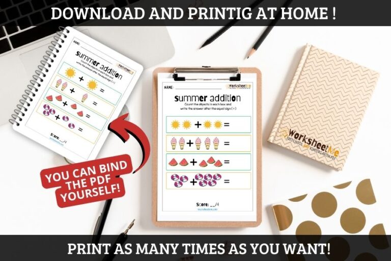 Summer Addition Worksheet counting to 10 for Kindergarten (Ages 5-6)