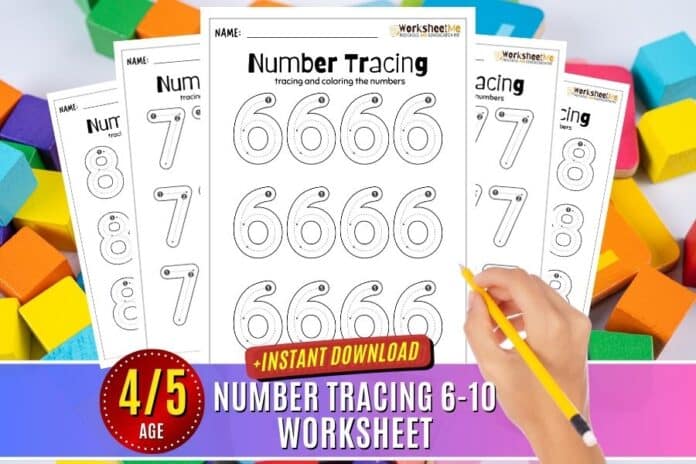 Number Tracing with guide 6 to 10 Worksheets for Preschool