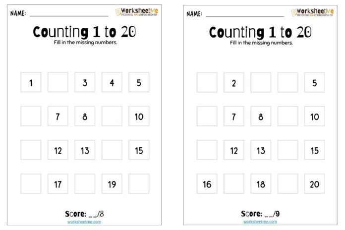 Fill Missing Numbers to 20 Worksheet for Kindergarten (Ages 5-6) Free