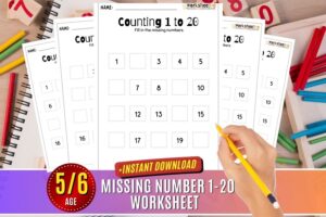 Fill Missing Numbers to 20 Worksheet for Kindergarten (Ages 5-6) Free