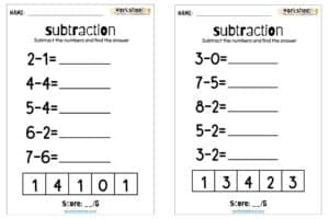 Simple Subtraction Worksheets to 10 for Kindergarten (Ages 5-6)