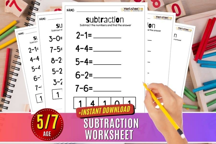 Simple Subtraction Worksheets to 10 for Kindergarten (Ages 5-6)