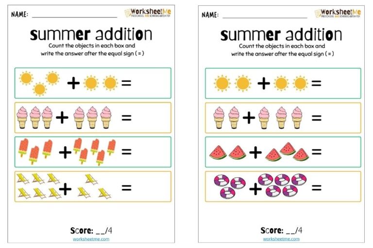 Summer Addition Worksheet counting to 10 for Kindergarten (Ages 5-6)