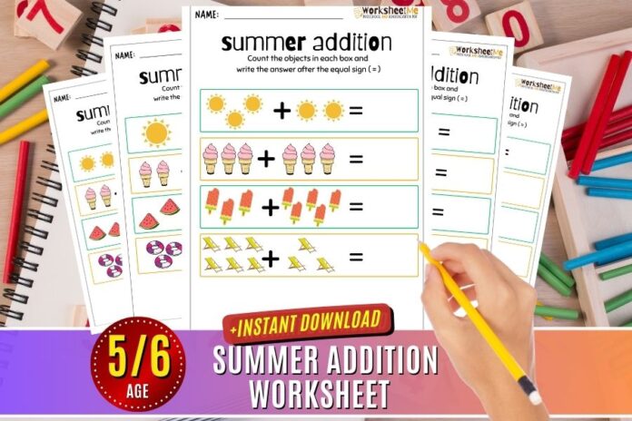 Summer Addition Worksheet counting to 10 for Kindergarten (Ages 5-6)