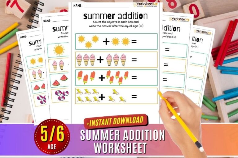 Summer Addition Worksheet counting to 10 for Kindergarten (Ages 5-6)